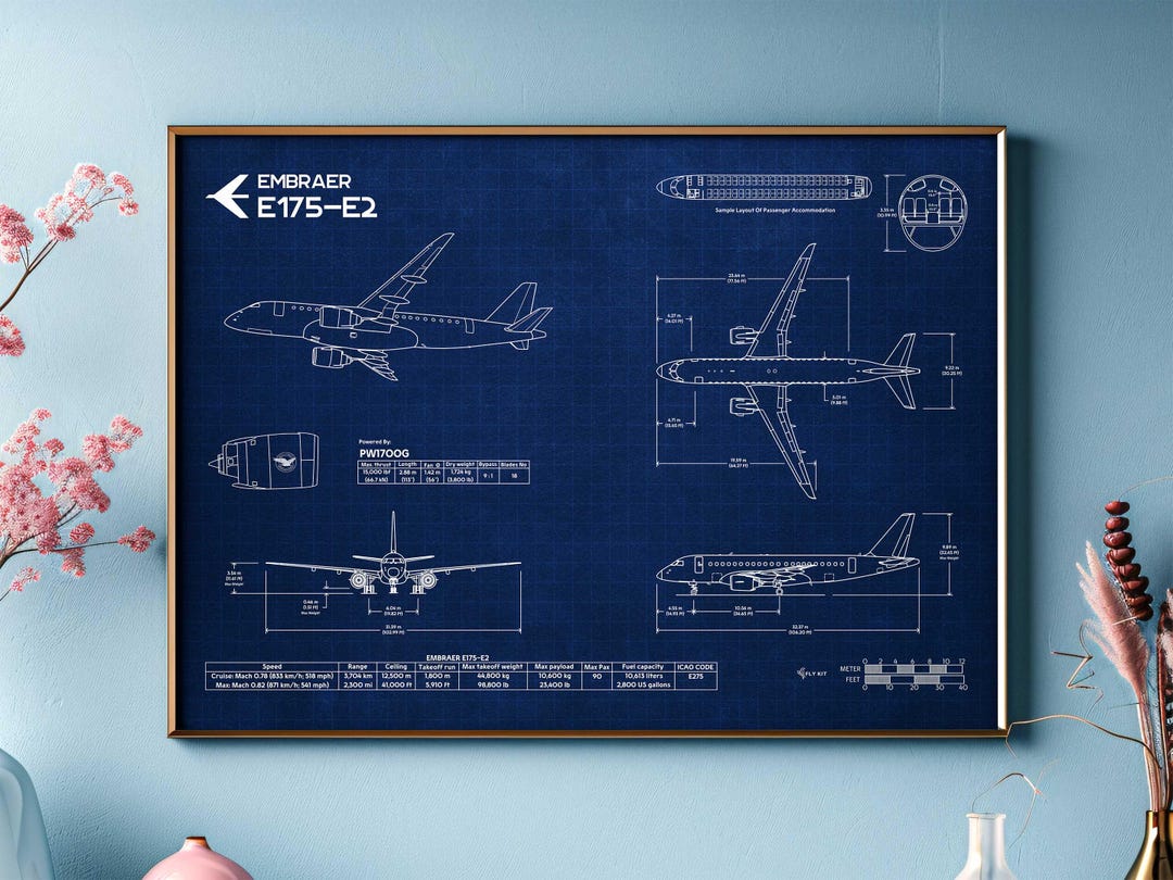 Embraer E175-E2 (ERJ-175 E2) Blueprint Horizontal | Premium Wall Art ...