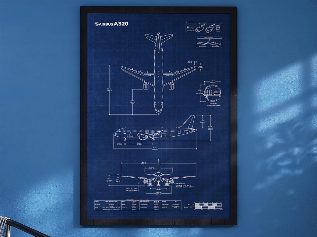 Airbus A320 Vertical Blueprint Premium Poster Airplane Decor Pilot Gift ...