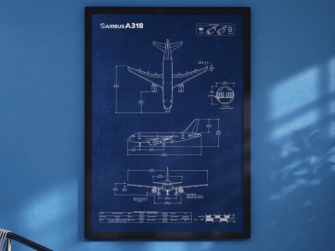 Airbus A318 Vertical Blueprint Premium Poster Airplane Decor Pilot Gift ...