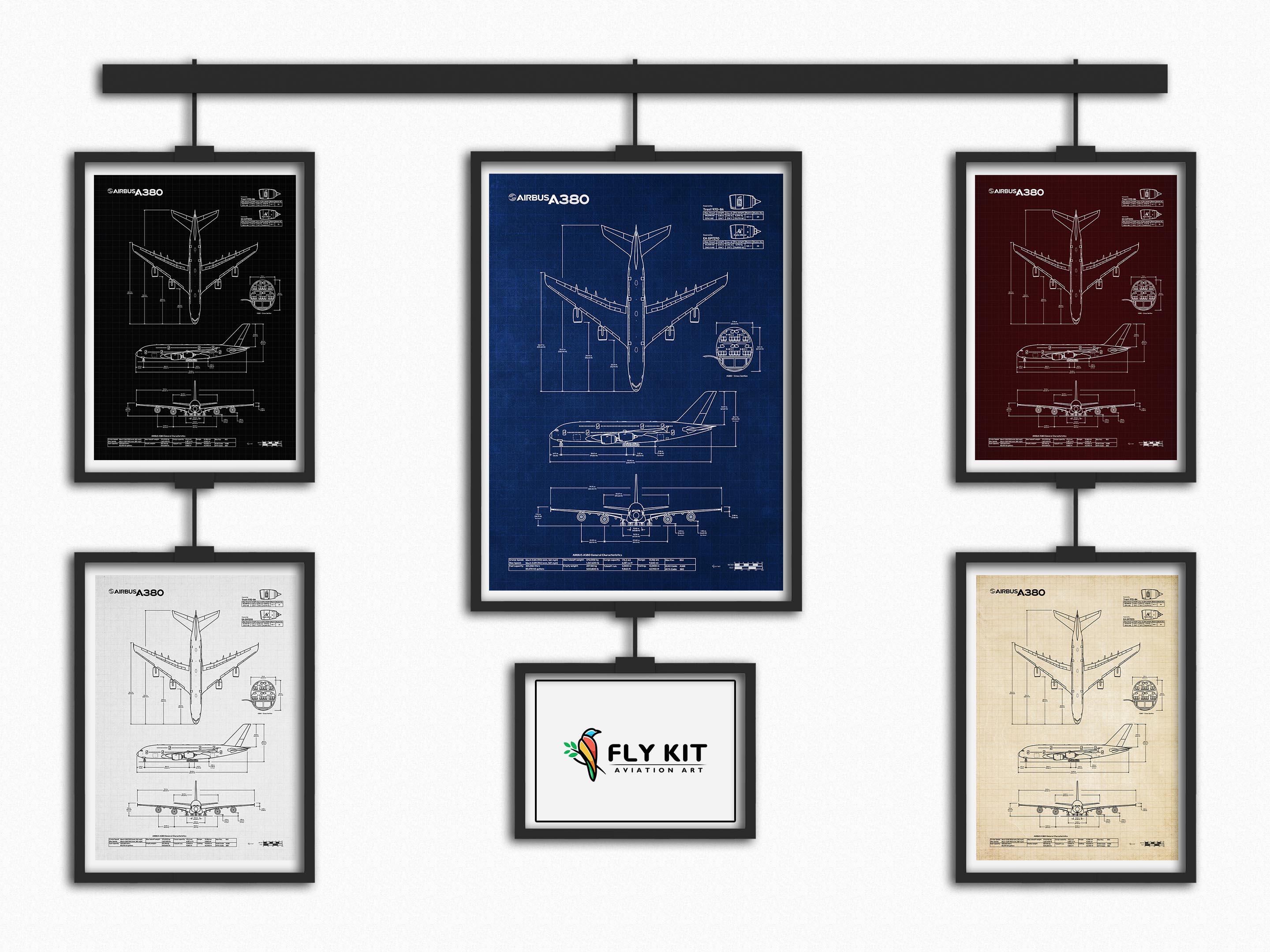 Airbus A380-800 Vertical Blueprint Premium Poster Airplane Decor Pilot ...