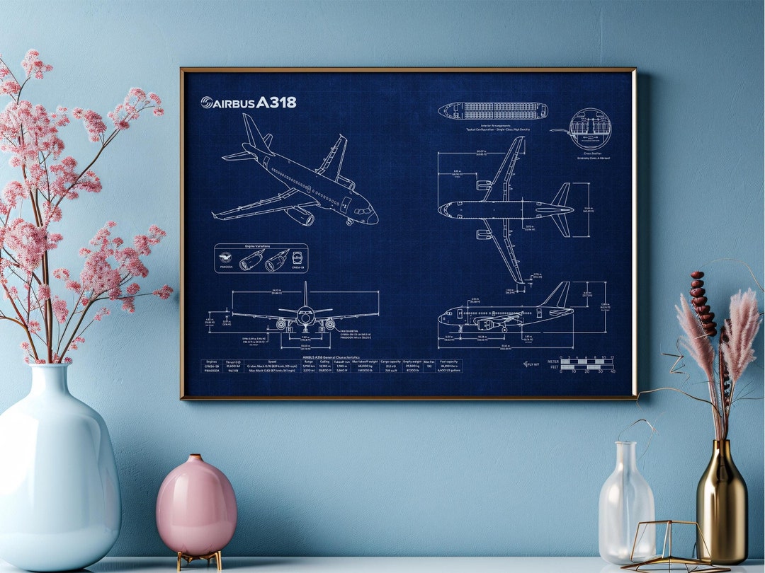 Airbus A318 Blueprint horizontal Premium Poster Aviation Wall Art Pilot ...