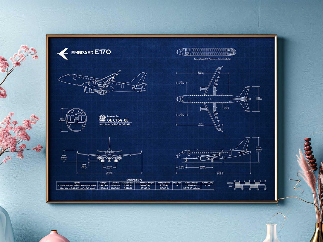 Embraer E170 (ERJ-170) Blueprint Horizontal | Premium Wall Art ...