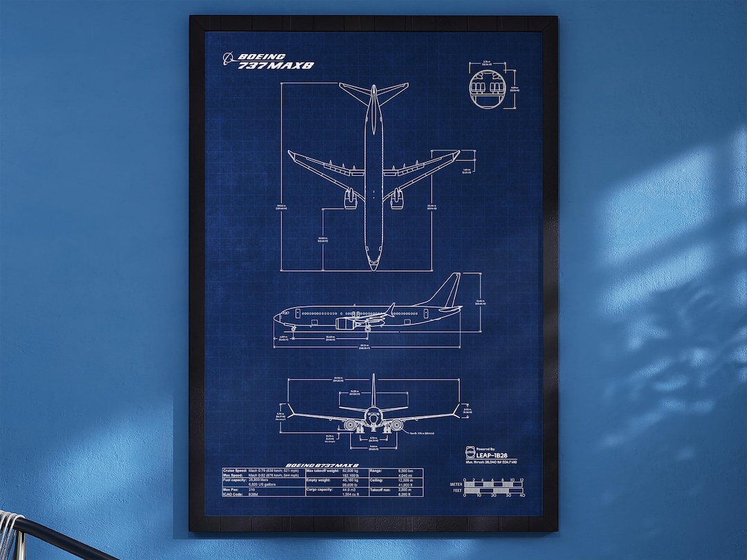 Boeing B737 MAX 8 Vertical Blueprint Premium Poster Aviation Art Pilot ...