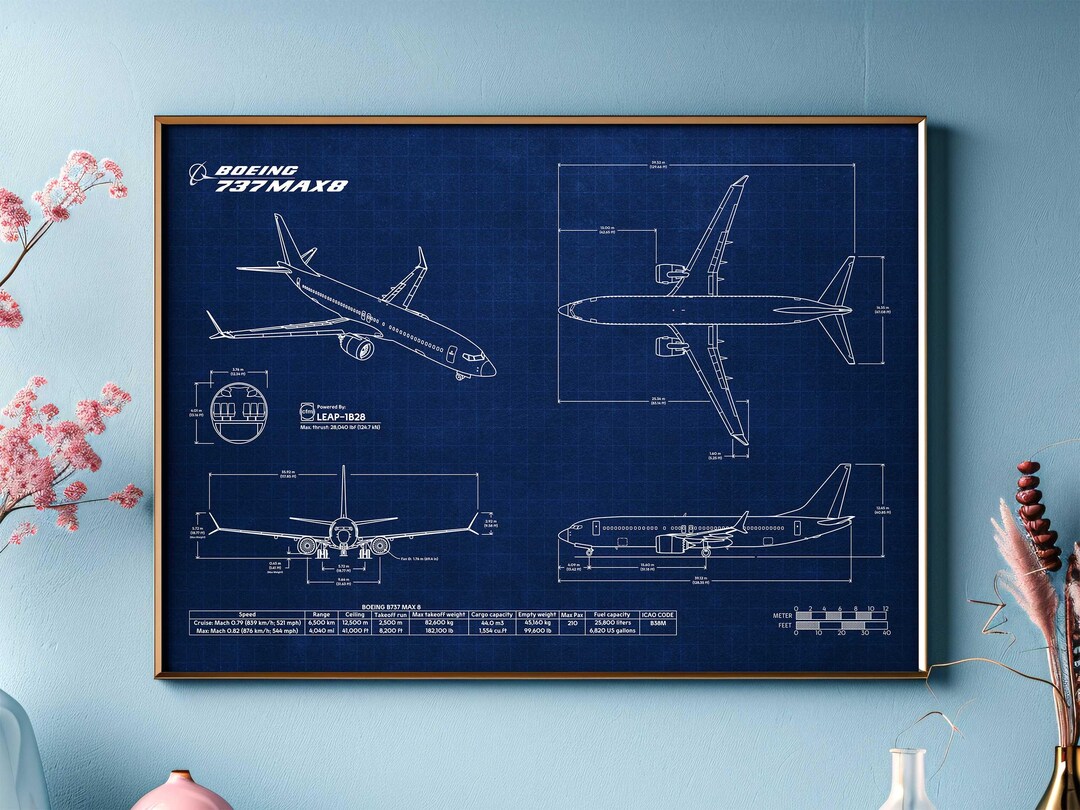 Boeing B737 MAX8 Blueprint Horizontal | Premium Wall Art | Aviation ...