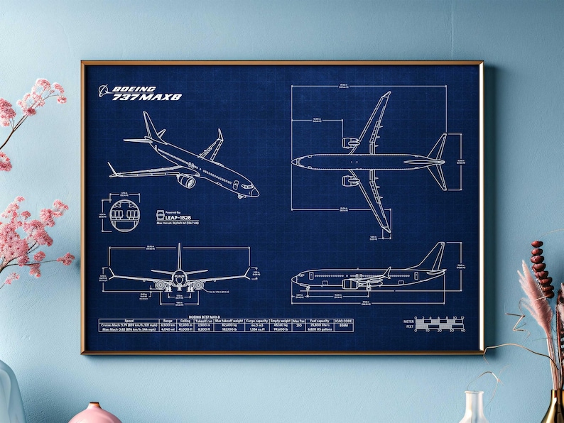 Boeing B737 MAX 8 Horizontal Blueprint Poster Aviation Enthusiast Gift ...