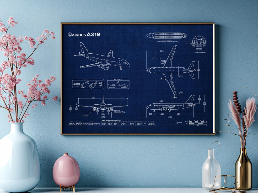 Airbus A319 Blueprint Horizontal Premium Poster Luftfahrt Wandkunst ...