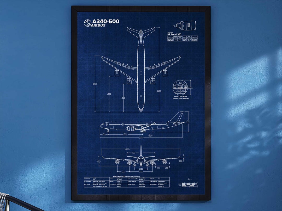 Airbus A340-500 Blueprint Vertical | Premium Wall Art | Aviation Gift ...