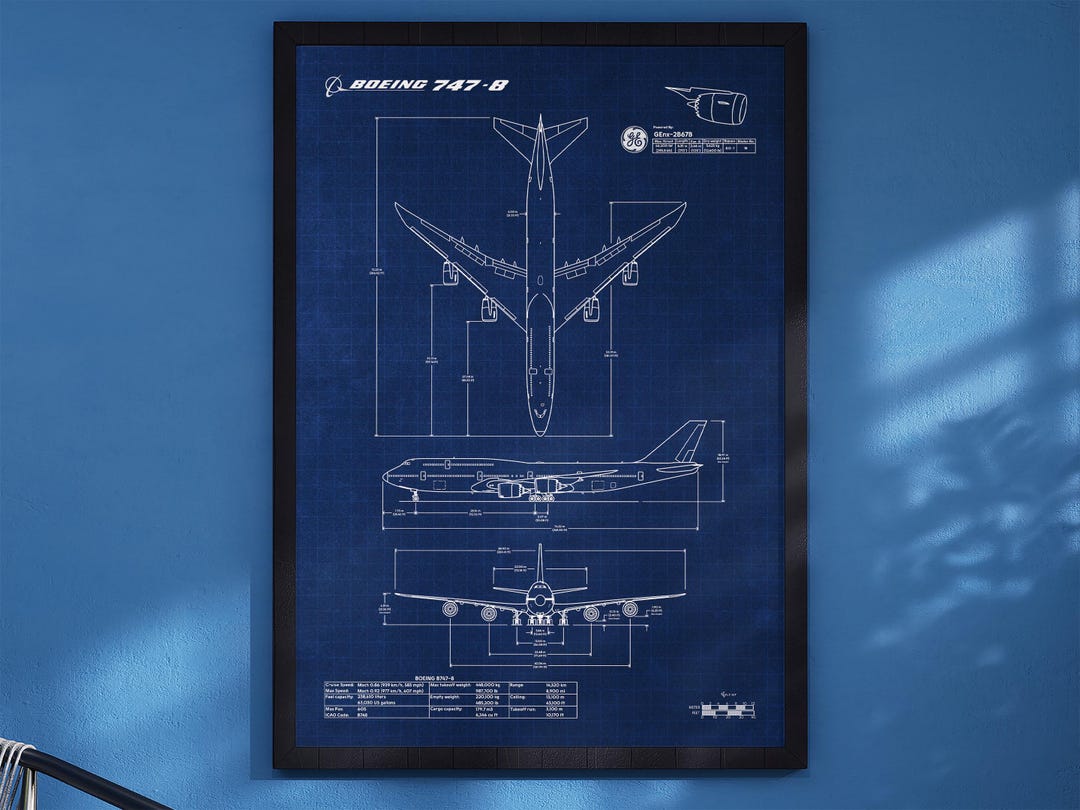 Boeing 747-8 Blueprint Premium Vertical Poster Aviation Wall Art for ...