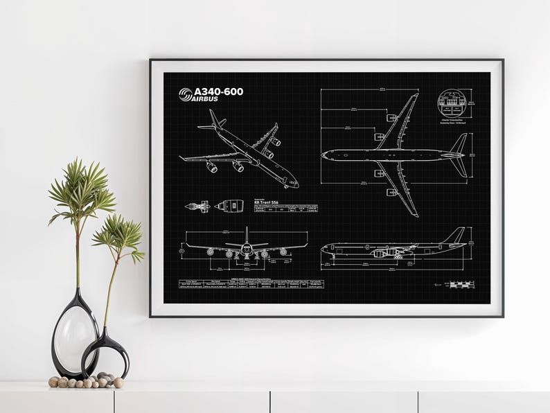 Airbus A340-600 Horizontal Blueprint Premium Poster Aviation Wall Art ...