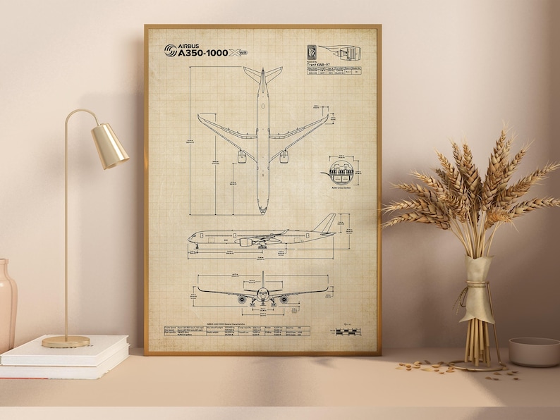 Airbus A350-1000 Vertical Blueprint Premium Poster Airplane Decor Pilot ...