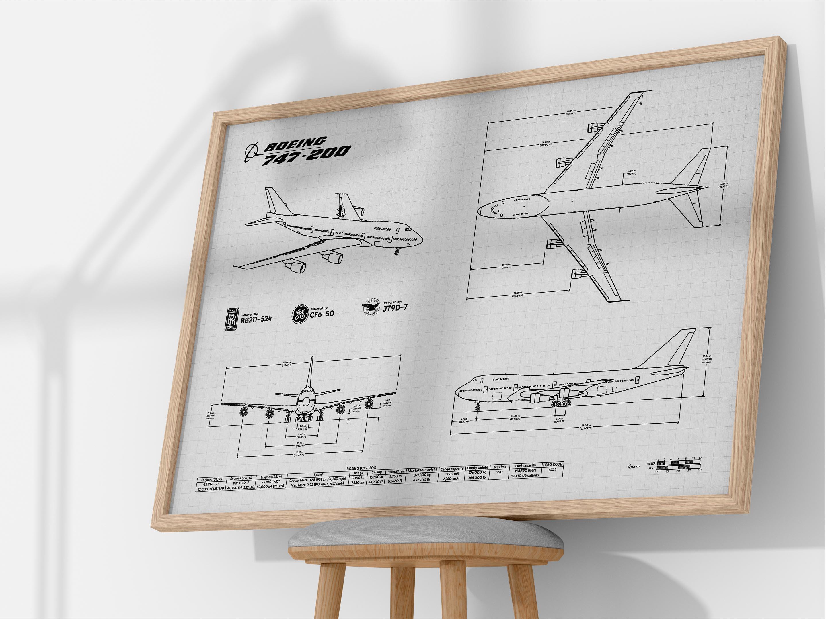 Boeing B747-200 Blueprint Horizontal | Premium Wall Art | Aviation Gift ...