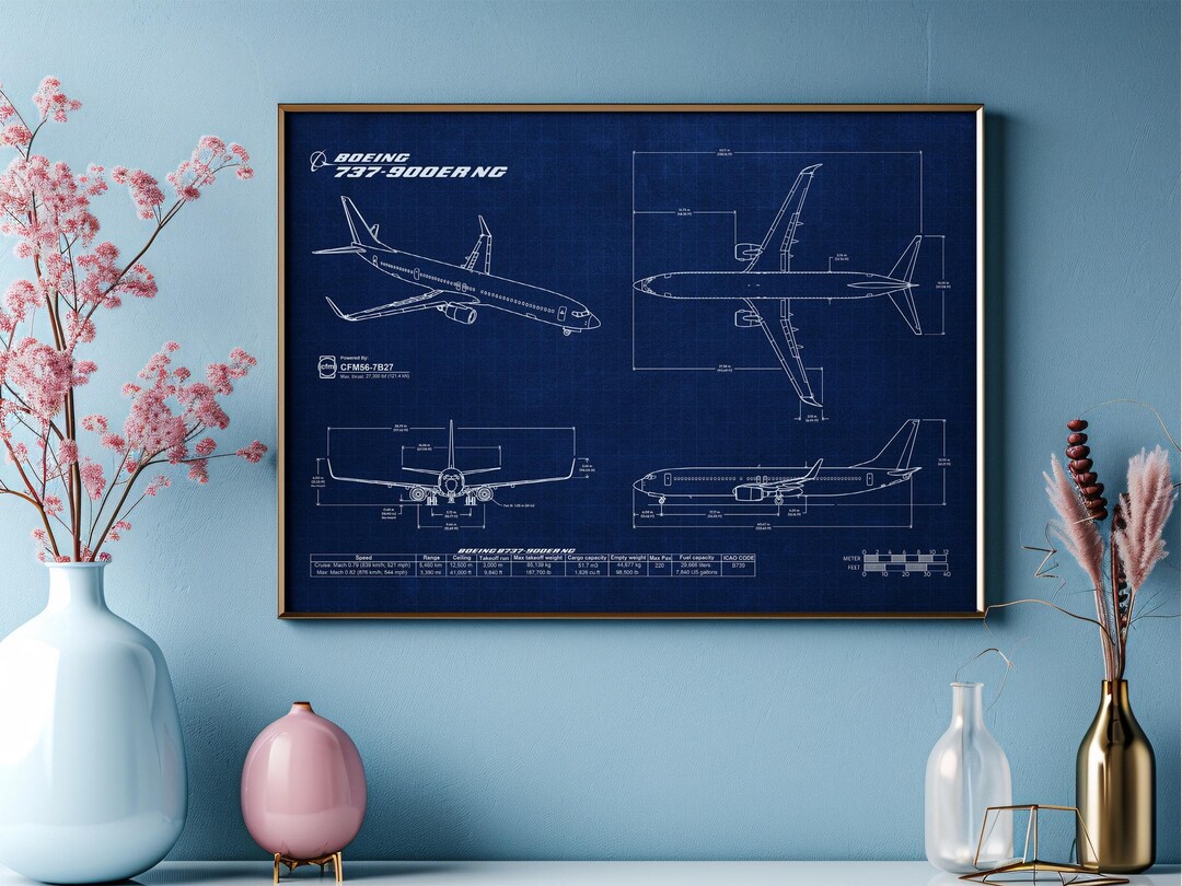 Boeing 737-900 B737-900ER Horizontal Blueprint Premium Poster Aviation ...