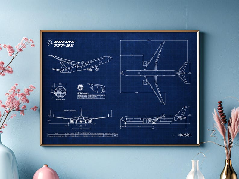 Boeing B777-9 Blueprint Poster Horizontal | Premium Poster | Aviation ...