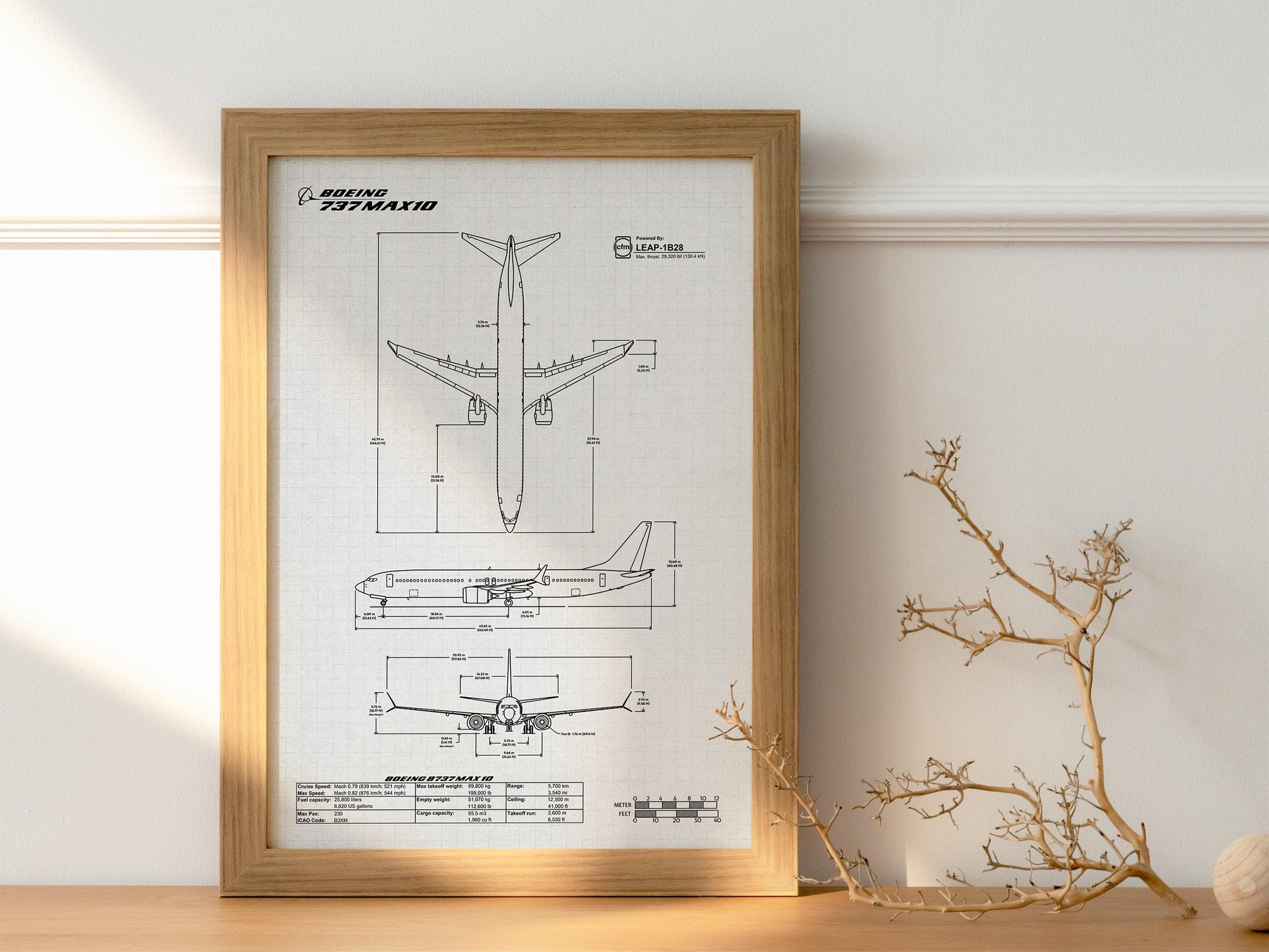 Boeing 737 MAX 10 Vertical Blueprint Premium Poster Aviation Art Pilot ...