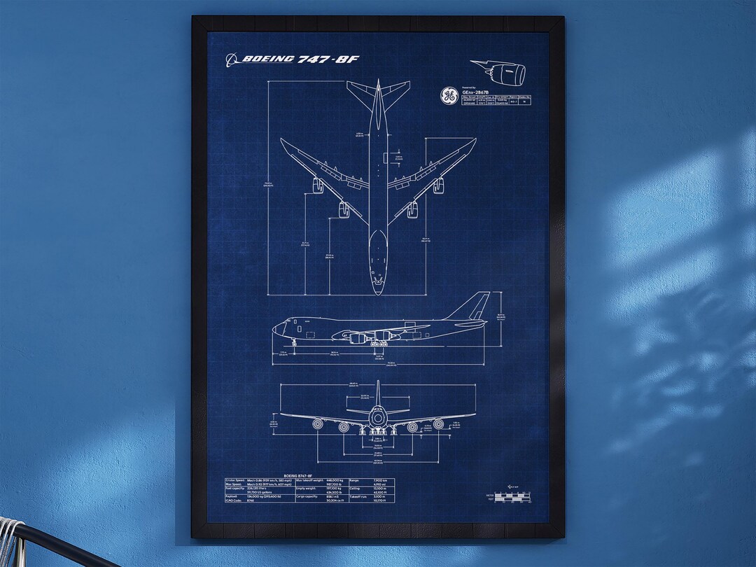 Boeing 747-8F Blueprint Premium Vertical Poster Cargo Aircraft Wall Art ...