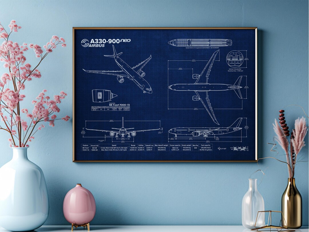 Airbus A330-900neo Blueprint horizontal Premium Poster Aviation Wall ...