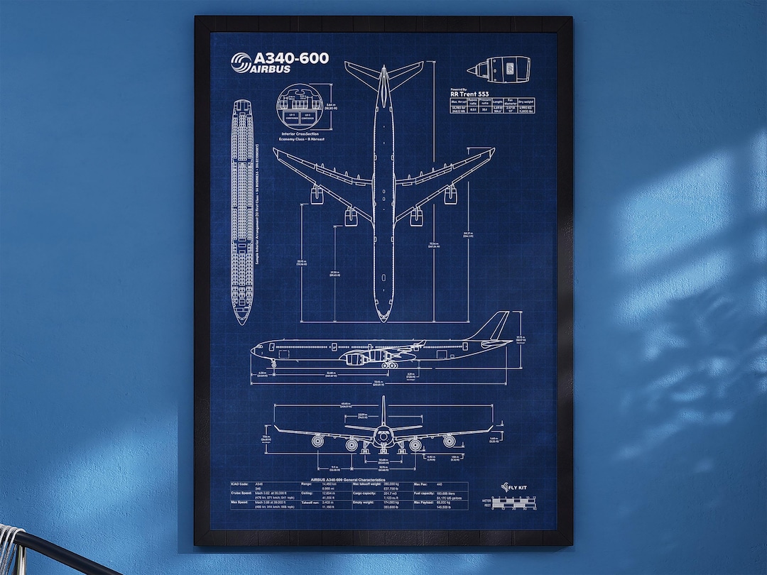 Airbus A340-600 Blueprint vertical Premium Poster Aviation Poster ...