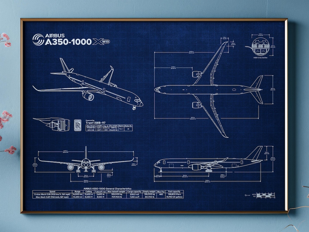 Airbus A350-1000 Horizontal Blueprint Premium Poster Aviation Wall Art ...