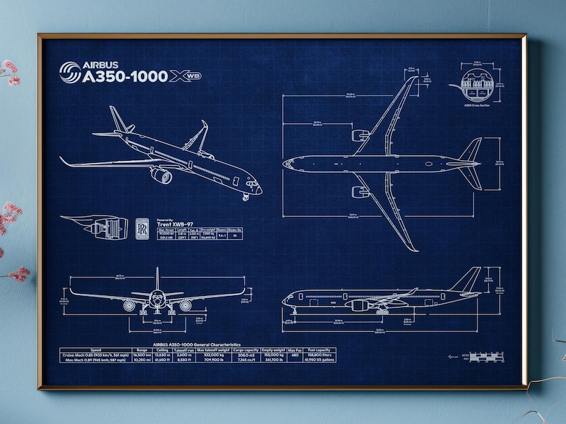 Airbus A350-1000 Horizontal Blueprint Premium Poster Aviation Wall Art ...