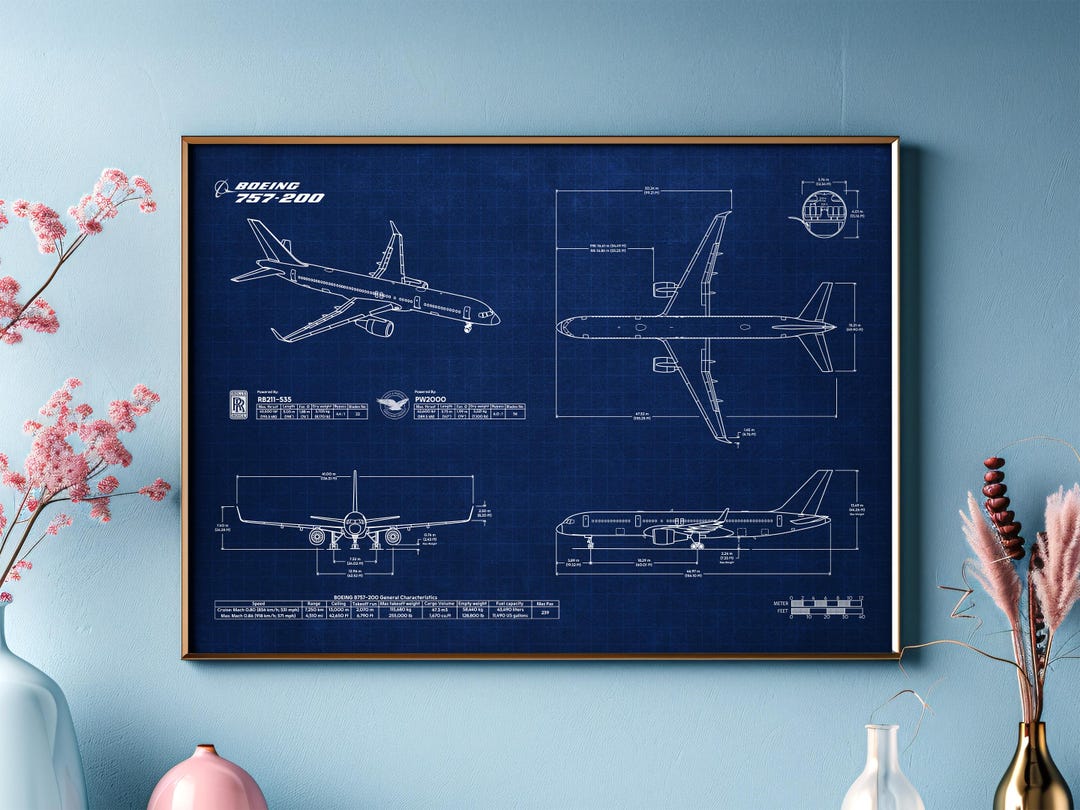 Boeing B757-200 Blueprint Horizontal | Premium Wall Art | Aviation Gift ...