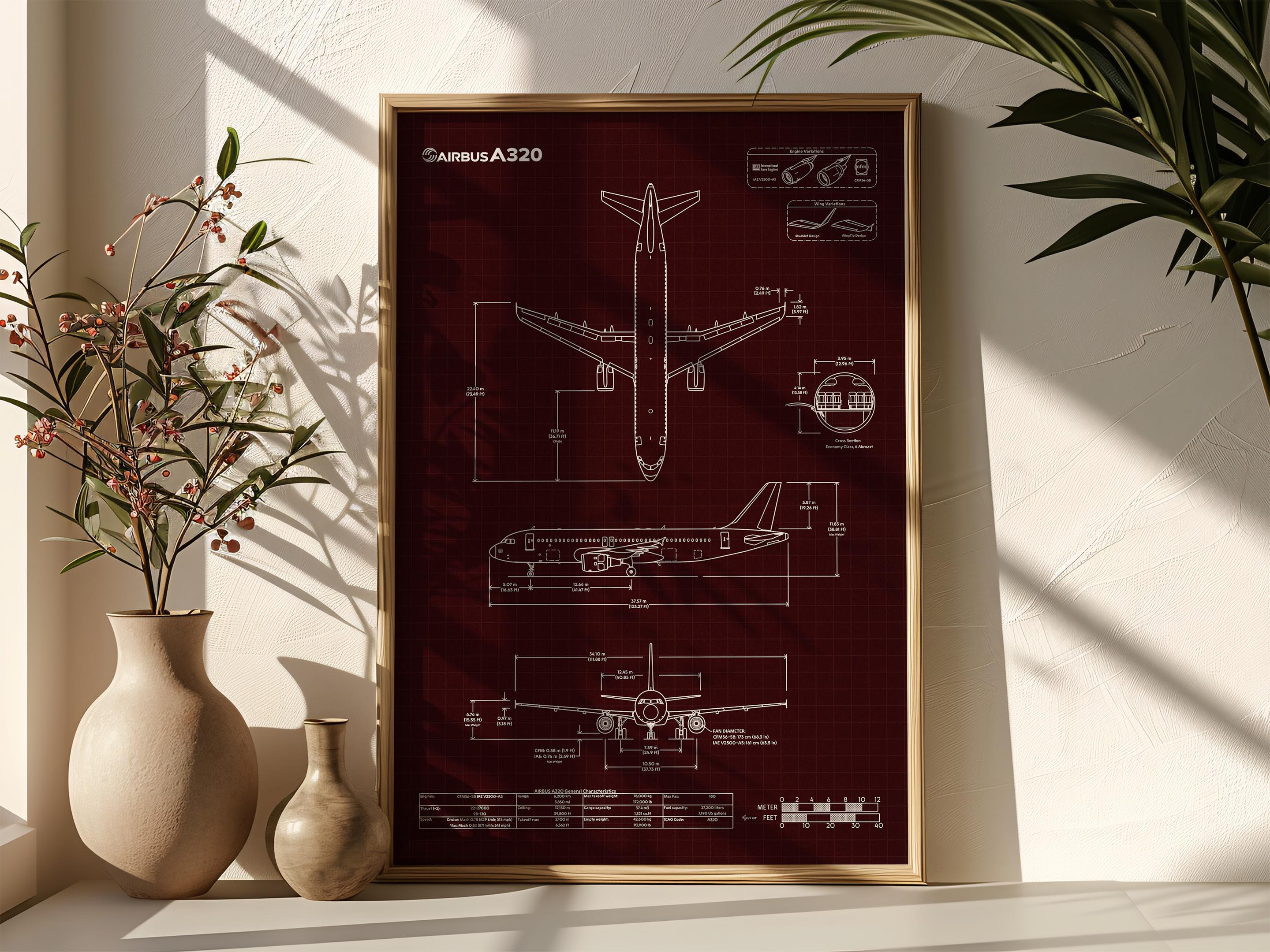 Airbus A320 Vertical Blueprint Premium Poster Airplane Decor Pilot Gift ...