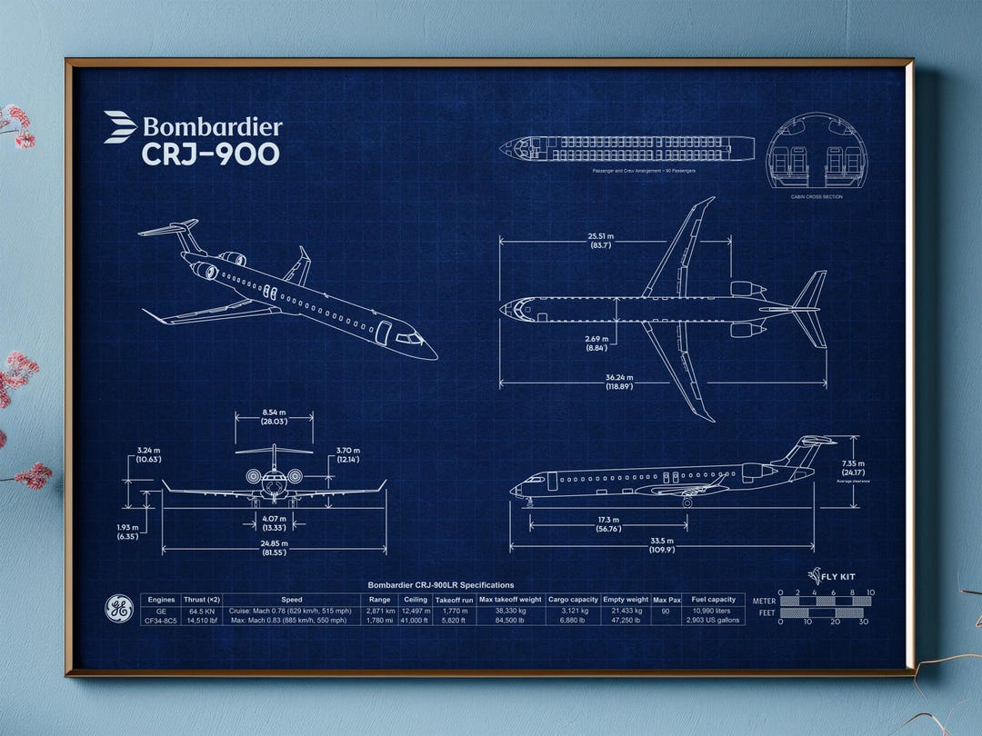 Bombardier CRJ-900 mitsubishi Horizontal Blueprint Premium Poster ...