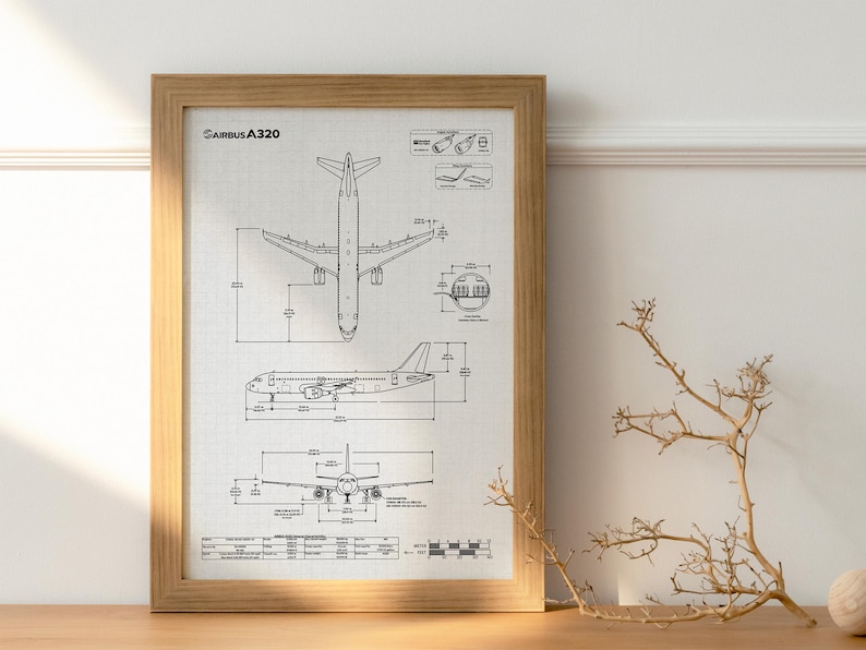 Airbus A320 Vertical Blueprint Premium Poster Airplane Decor Pilot Gift ...