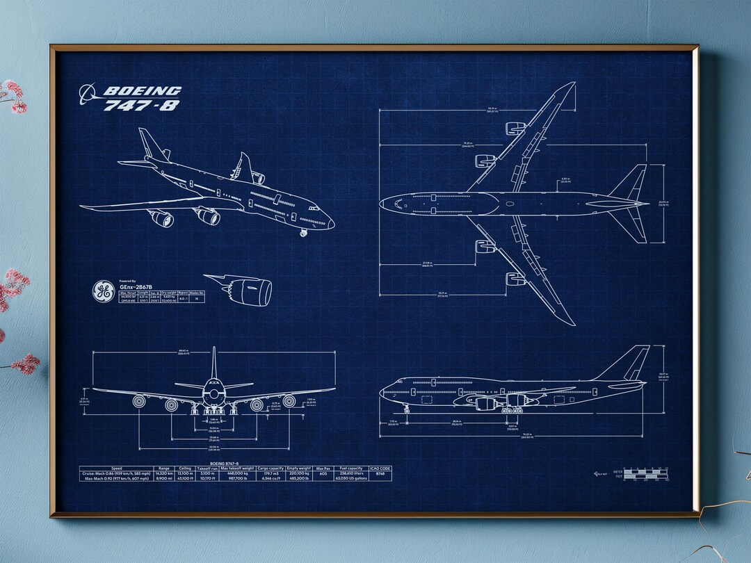 Boeing B747-8 Blueprint Premium Horizontal Poster Aviation Wall Art for ...