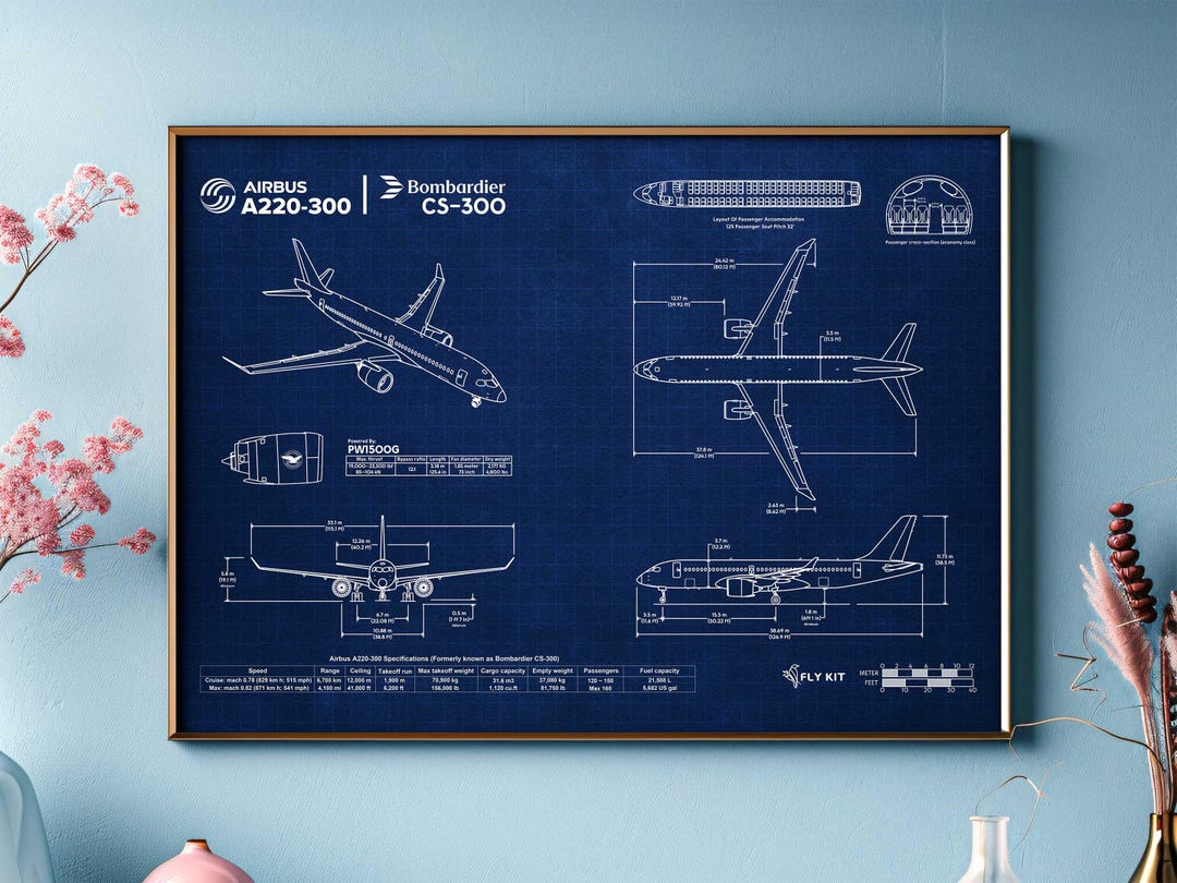 Airbus A220-300 (bombardier CS300) Blueprint Poster Horizontal ...