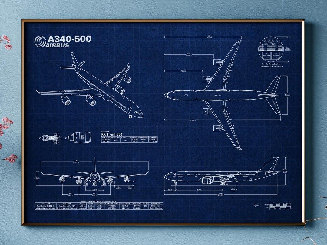 Airbus A340-500 Horizontal Blueprint Premium Poster Aviation Wall Art ...