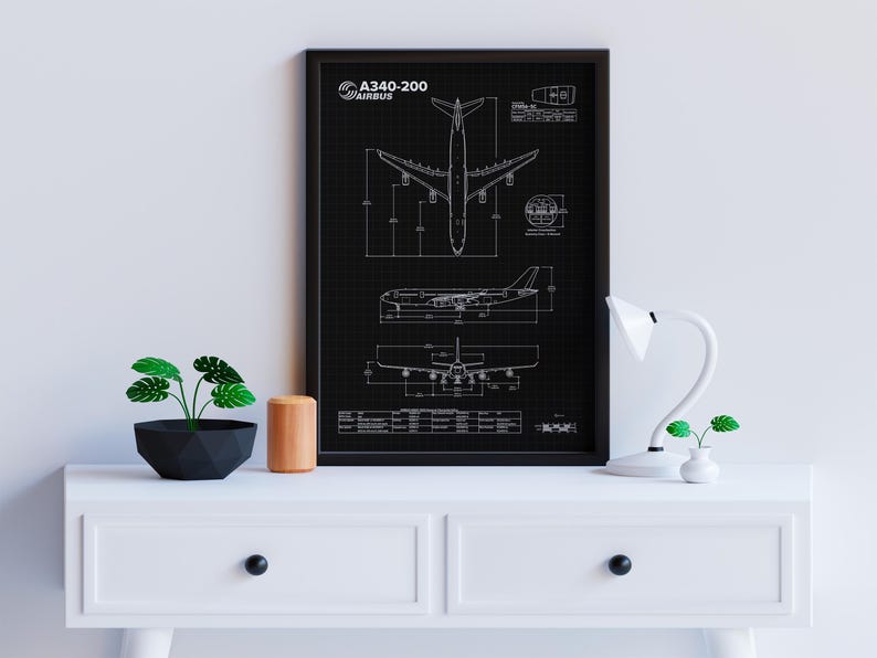 Airbus A340-200 Vertical Blueprint Premium Poster Airplane Decor Pilot ...