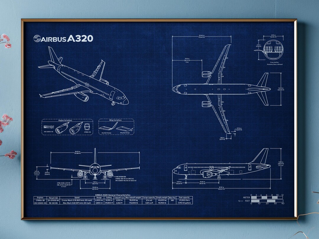 Airbus A320 Horizontal Blueprint Premium Poster Aviation Wall Art Pilot ...