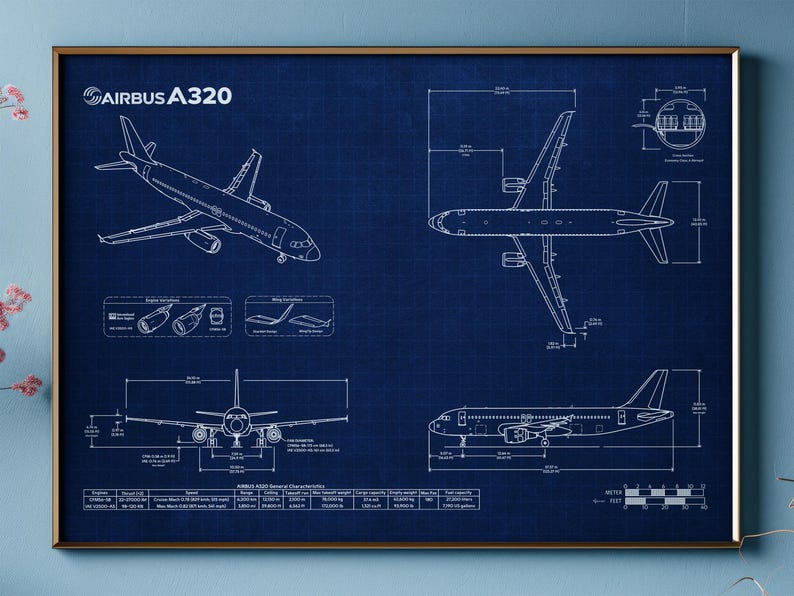 Airbus A320 Horizontal Blueprint Premium Poster Aviation Wall Art Pilot ...