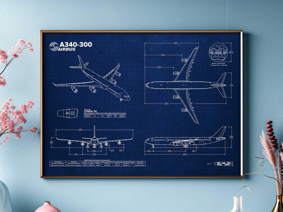 Airbus A340-300 Blueprint Horizontal | Premium Wall Art | Aviation Gift ...