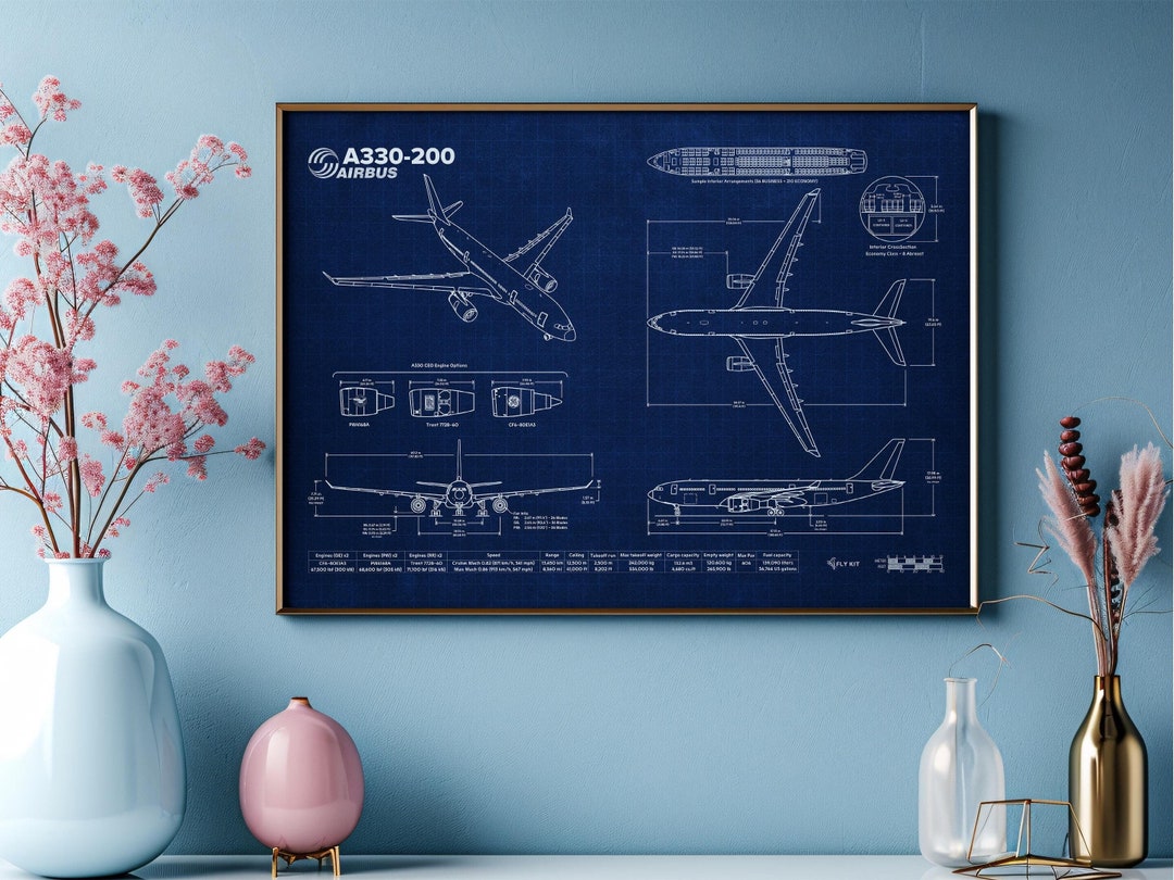 Airbus A330-200 Blueprint horizontal Premium Poster Aviation Wall Art ...