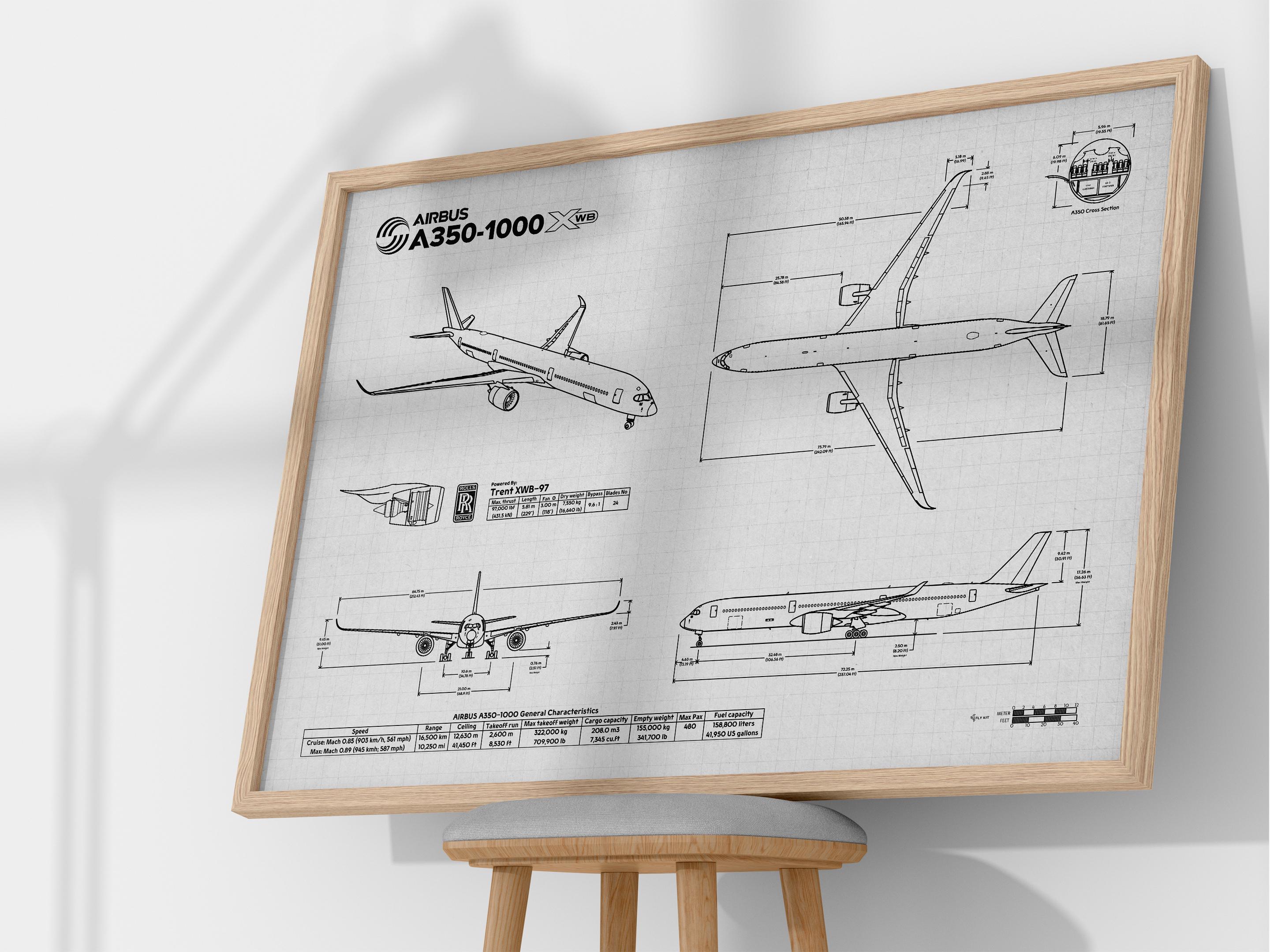 Airbus A350-1000 Blueprint Poster Horizontal | Aviation Wall Art - Etsy