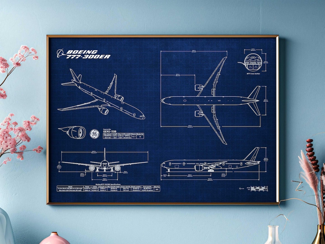 Boeing B777-300ER Blueprint Horizontal | Premium Wall Art | Aviation ...