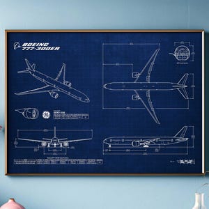 Boeing B777-300ER Blueprint Horizontal | Premium Wall Art | Aviation ...