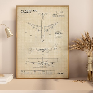 Airbus A340-200 Vertical Blueprint Premium Poster Airplane Decor Pilot ...