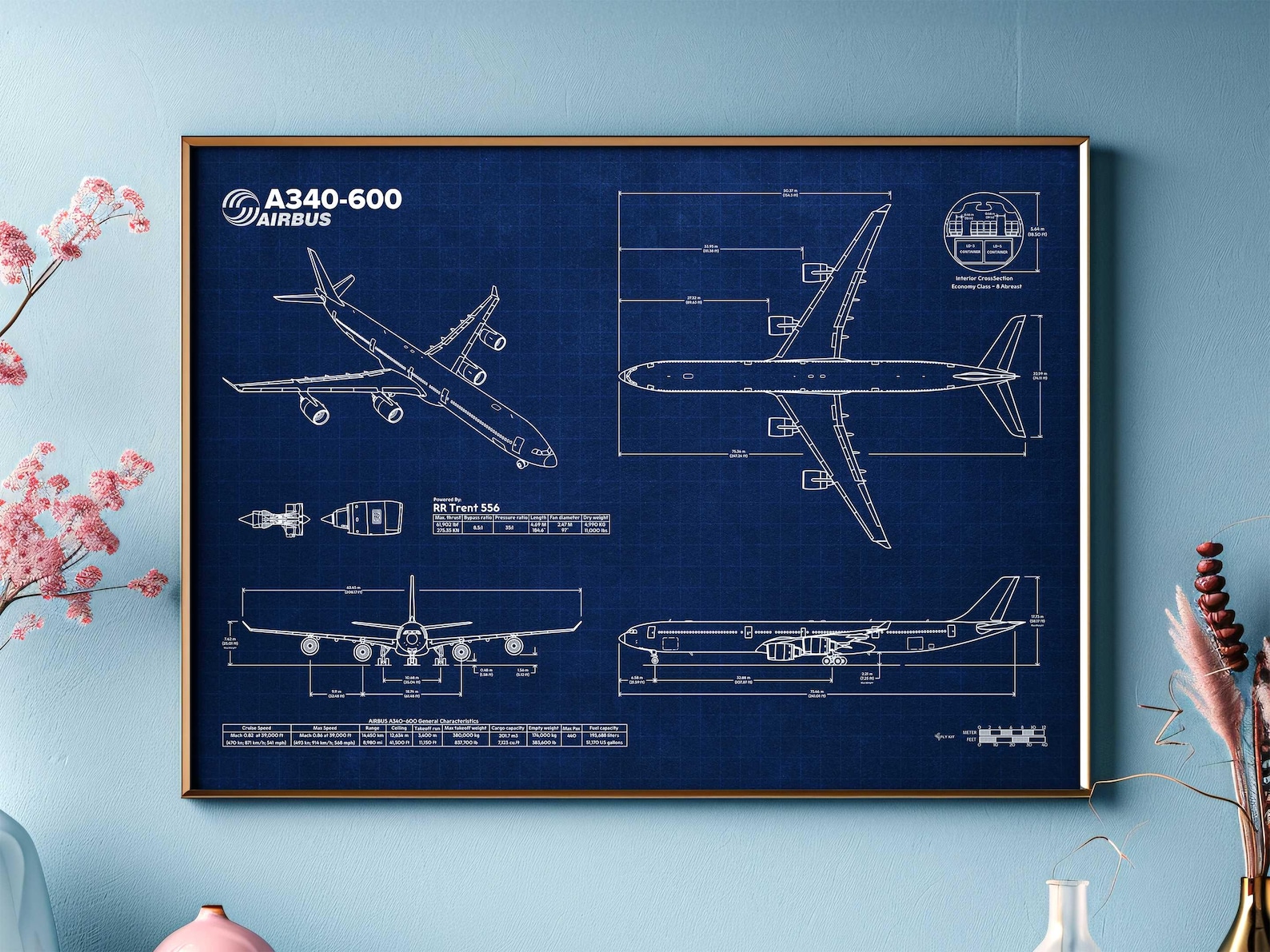 Airbus A340-600 Horizontal Blueprint Premium Poster Aviation Wall Art ...