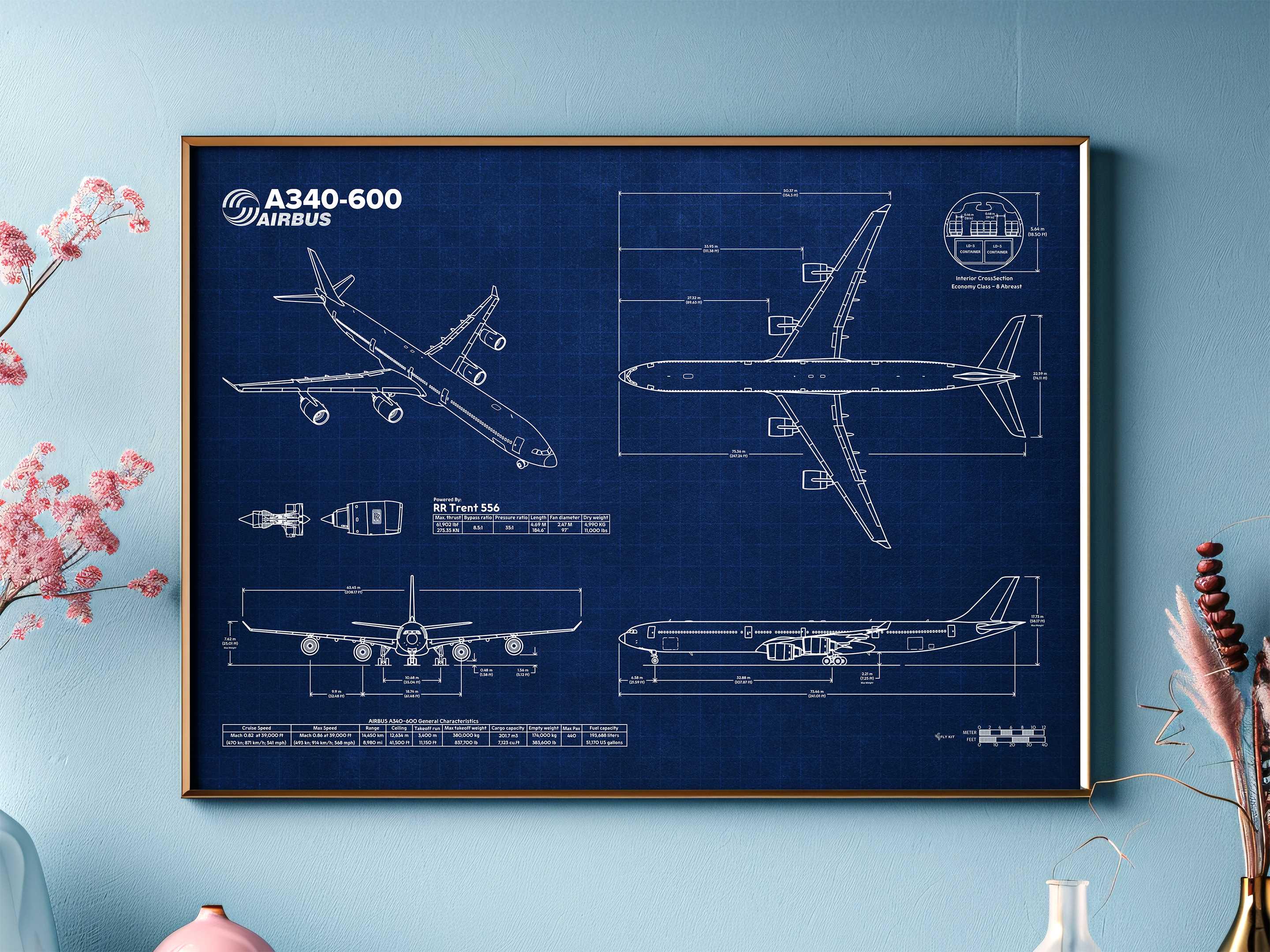 Airbus A340-600 Horizontal Blueprint Premium Poster Aviation Wall Art ...