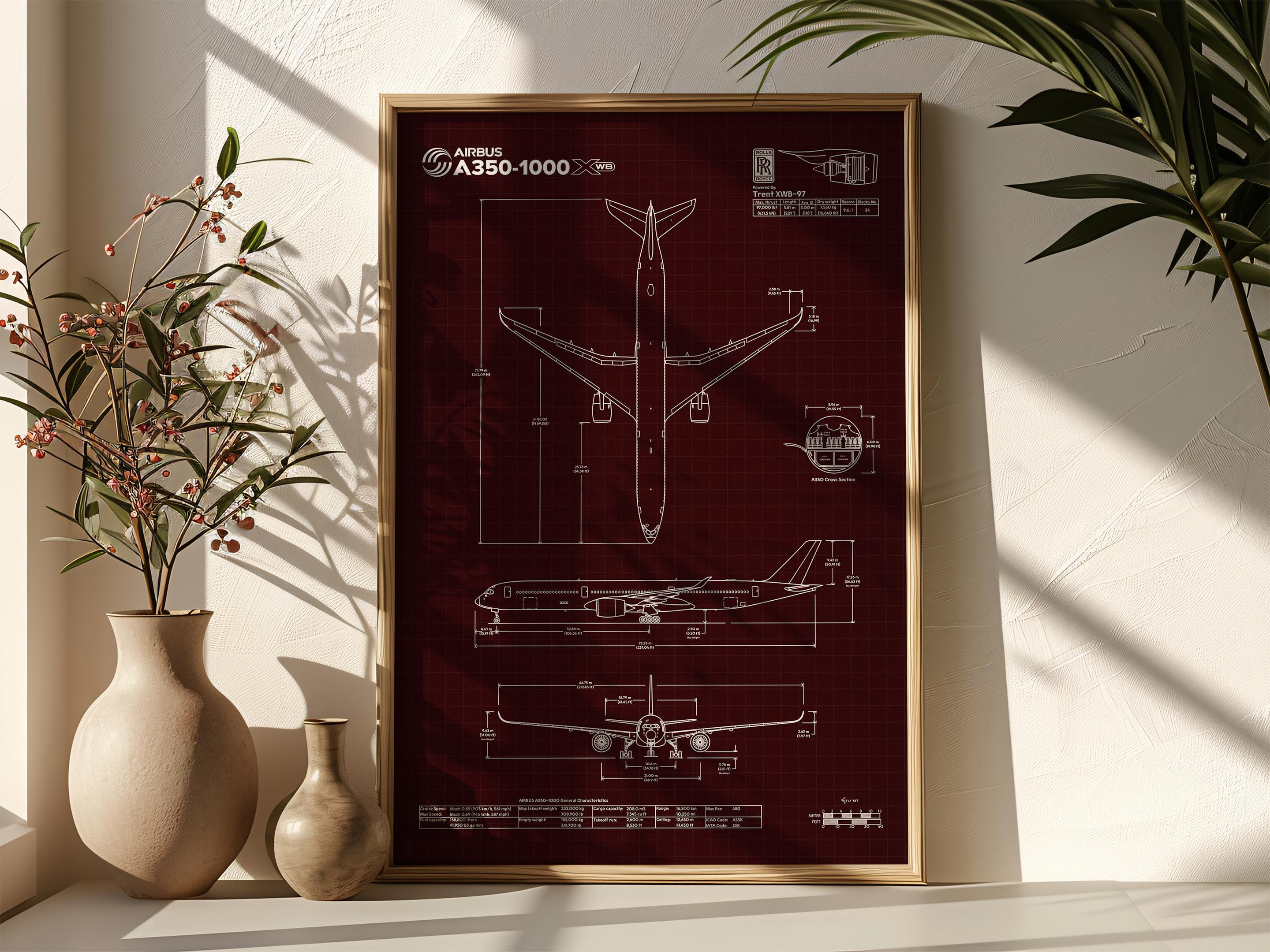 Airbus A350-1000 Vertical Blueprint Premium Poster Airplane Decor Pilot ...