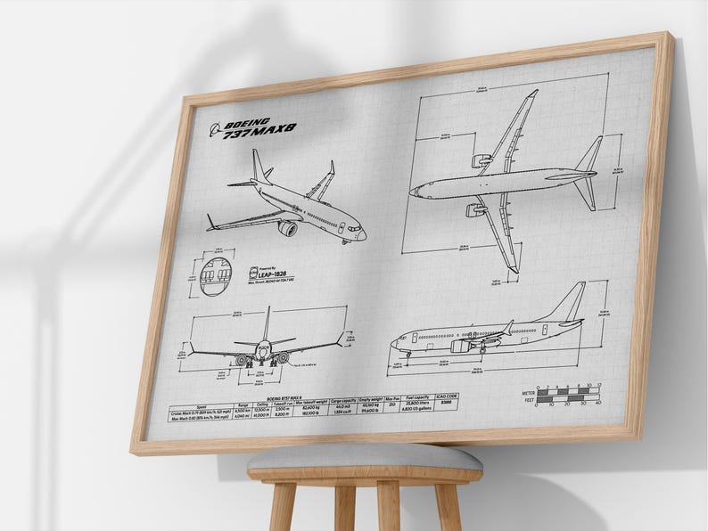 Boeing B737 MAX 8 Blueprint Poster Horizontal | Aviation Wall Art ...
