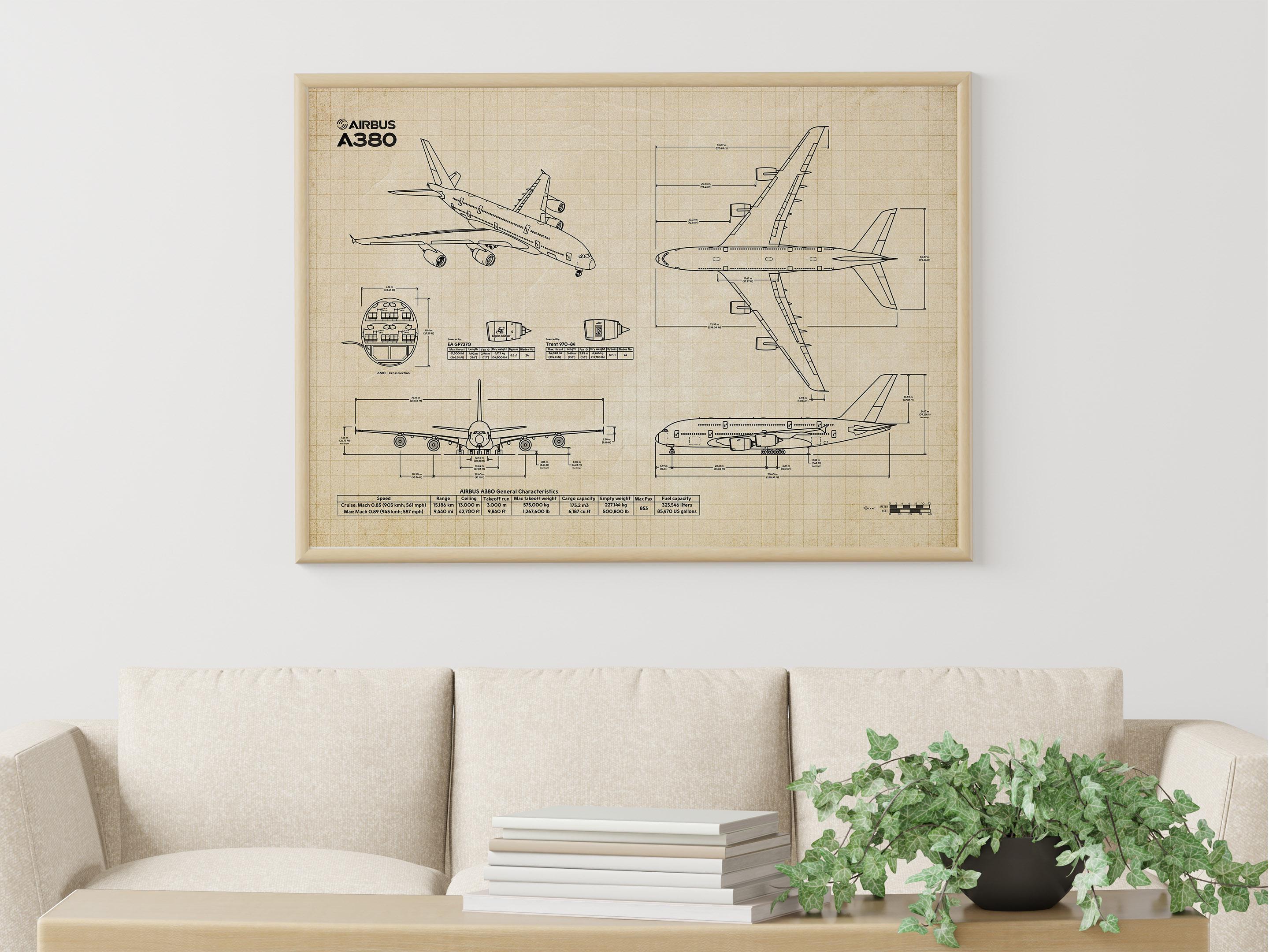 Airbus A380-800 Horizontal Blueprint Premium Poster Aviation Wall Art ...