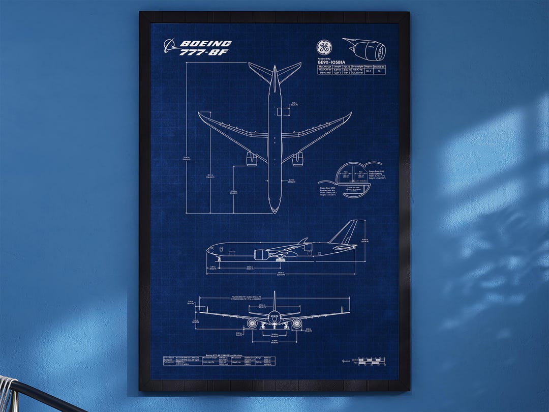 Boeing B777-8F Blueprint Poster Vertical Premium Aviation Wall Art ...
