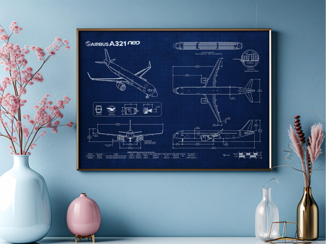 Airbus A321neo Blueprint horizontal Premium Poster Aviation Wall Art ...