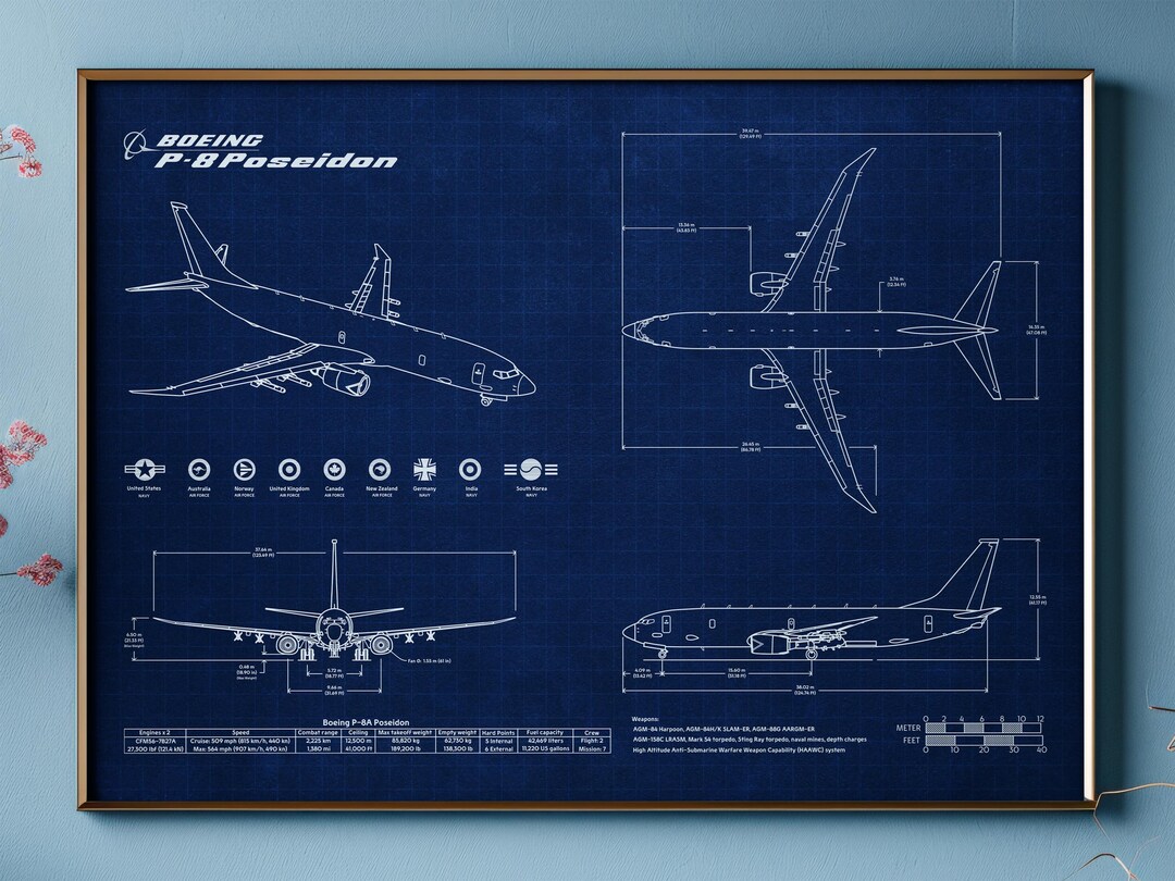 Boeing P-8 Poseidon Blueprint Premium Horizontal Poster Military ...