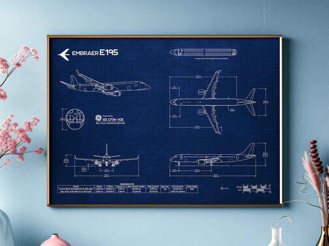 Embraer E195 (ERJ-195) Horizontal Blueprint Poster | Aviation ...