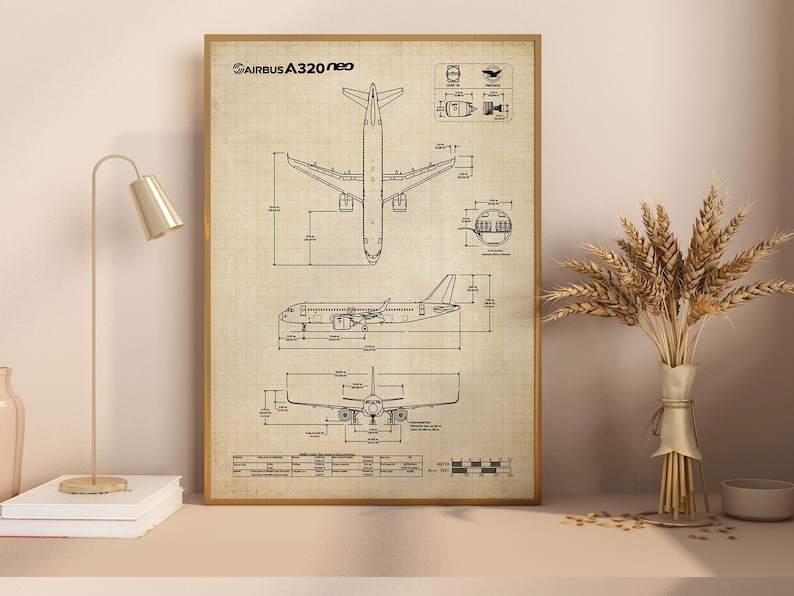 Airbus A320neo Blueprint Poster Vertical | Aviation Wall Art - Etsy