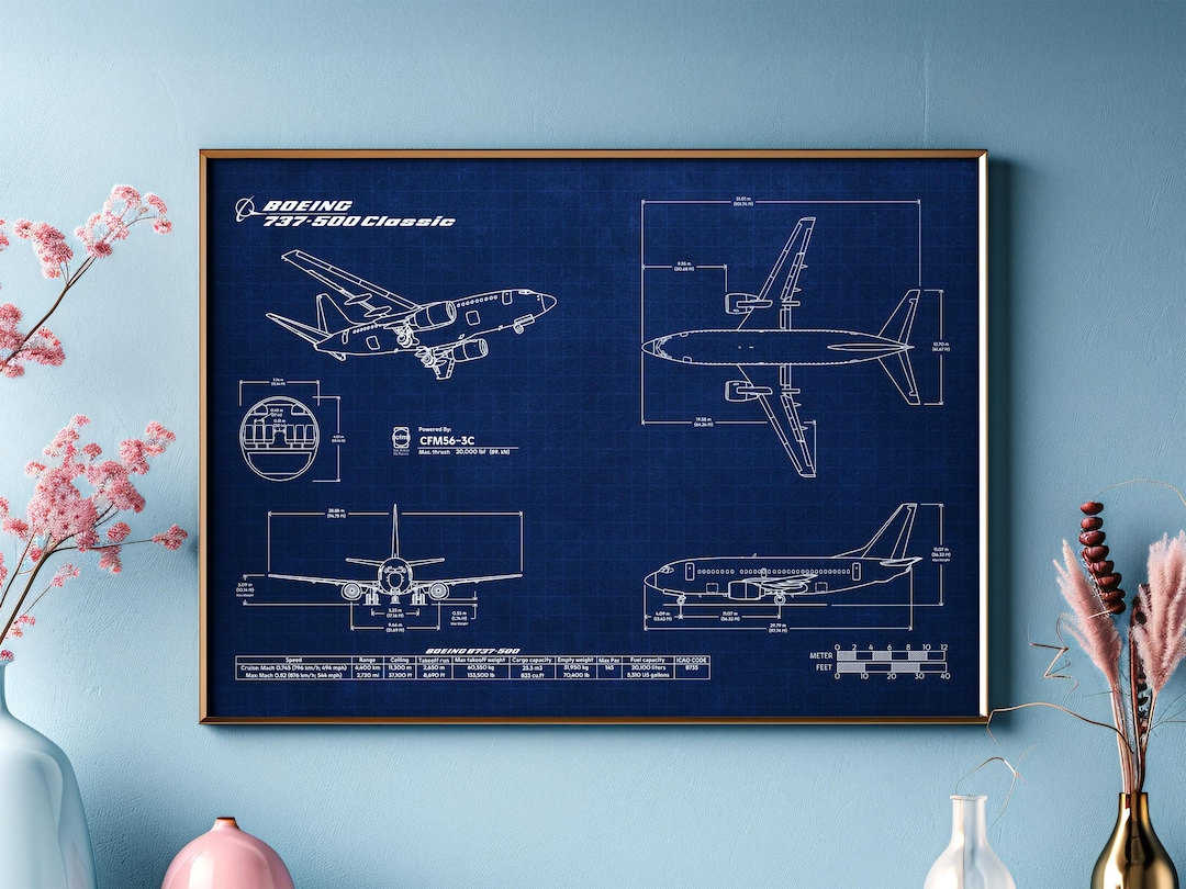 Boeing B737-500 Blueprint Horizontal | Premium Wall Art | Aviation Gift ...